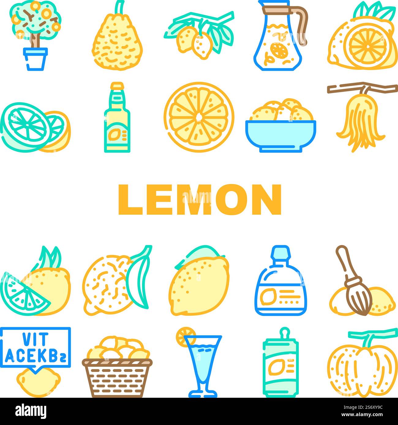 lemon fruit citrus slice fresh icons set vector. leaf, yellow food ...