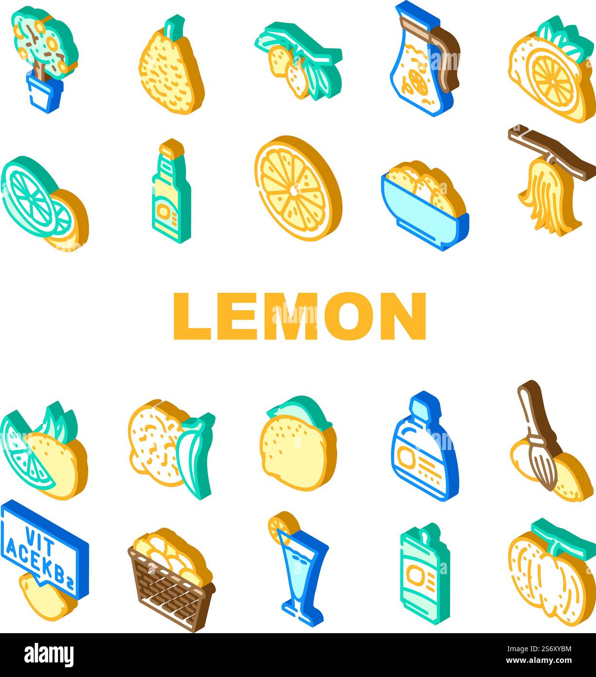 lemon fruit citrus slice fresh icons set vector. leaf, yellow food ...