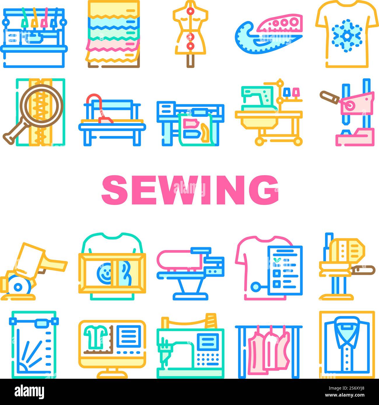 factory sewing sew machine icons set vector. tailor fabricthread ...
