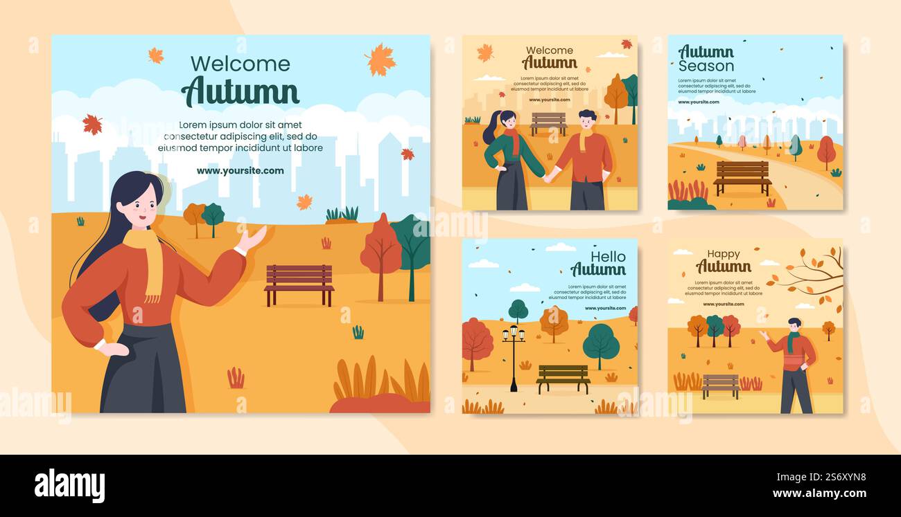 Autumn Social Media Post Template Flat Cartoon Background Vector ...