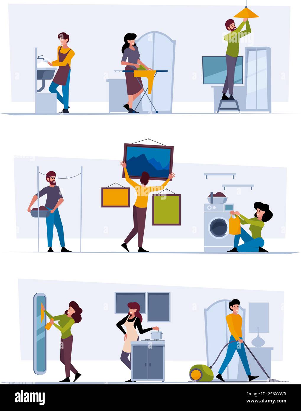 People housework. Dust house cleaning processes domestic working family ...