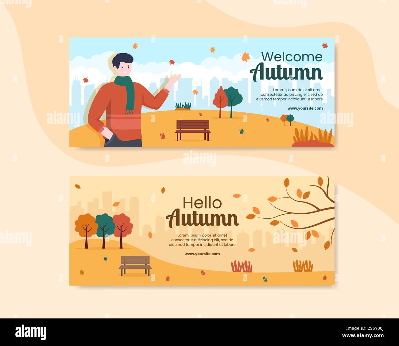Autumn Social Media Banner Template Flat Cartoon Background Vector ...