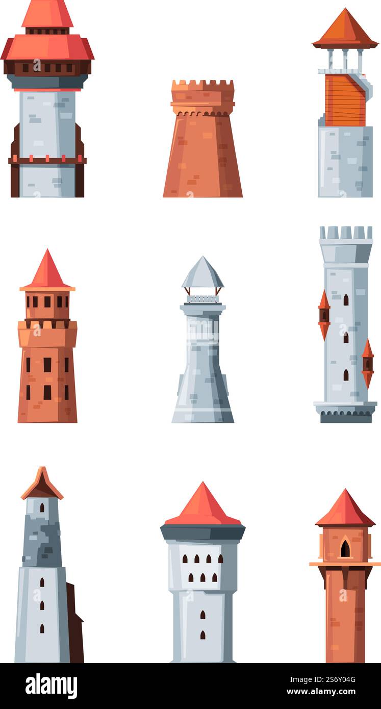 Medieval towers. Bastion fortress magical ancient old castles towers vintage fairytale buildings ...