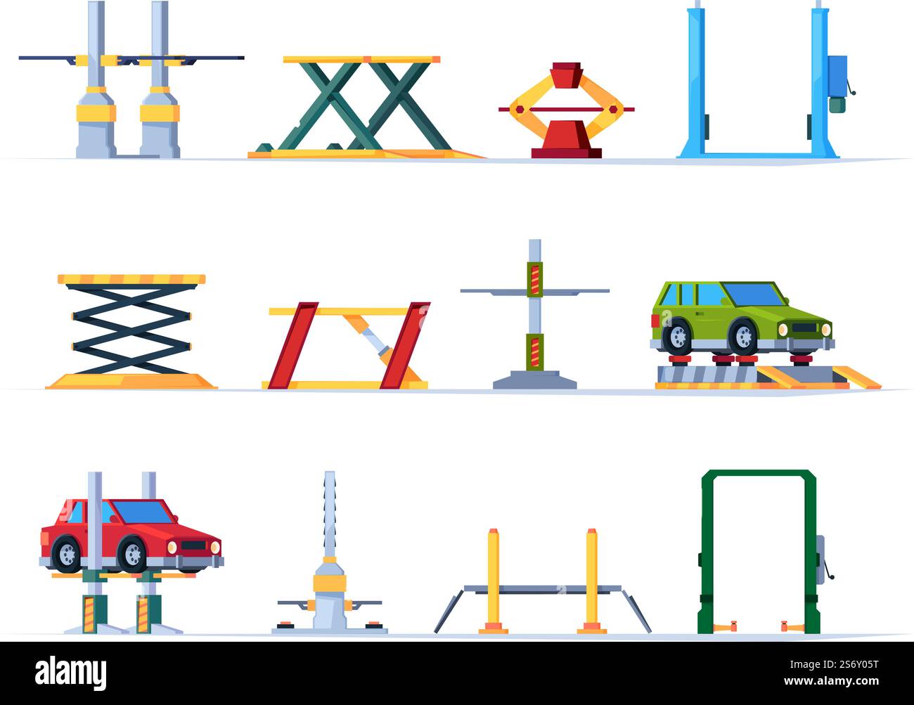 Automobile lifting. Mechanic workshop with steel hydraulics repair ...