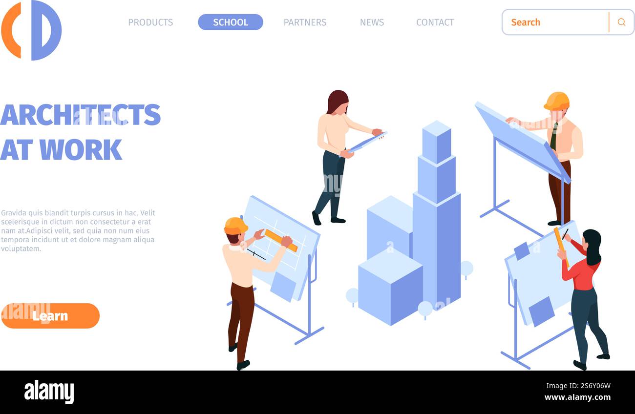 Architects landing. Engineers and designers working 3d real estate template garish vector web ...