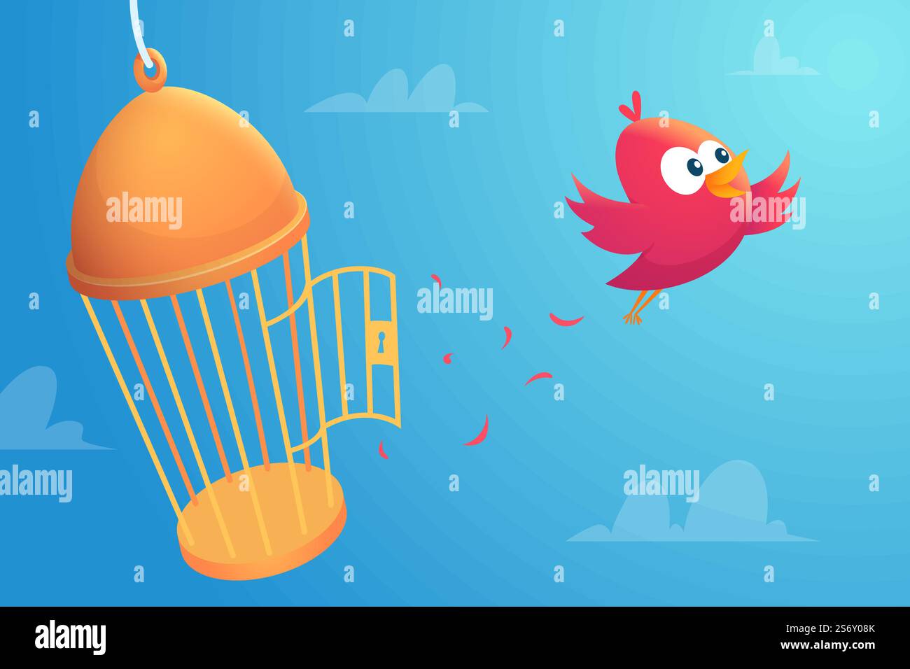 Birds freedom. Cute little flying birds go away from cage opening ...