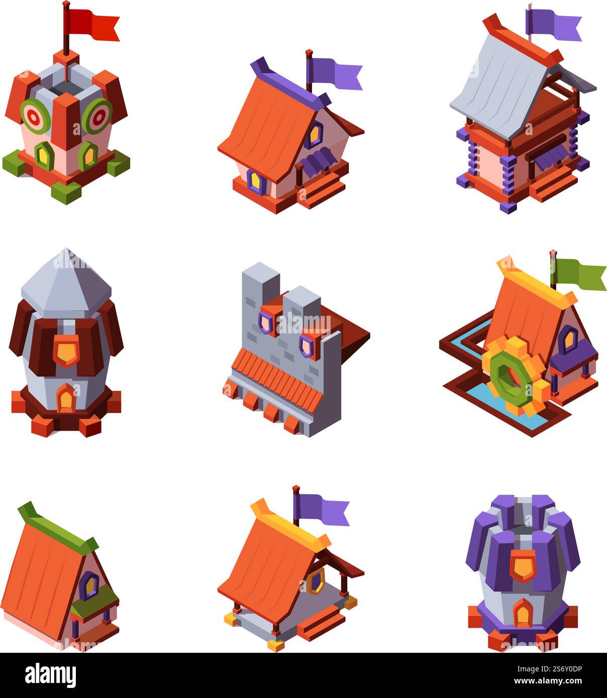 Game buildings. Isometric props for cartoon games construction ...