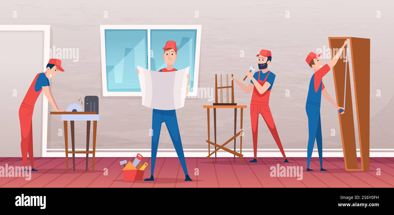 Wooden furniture installation. Background with professional service ...