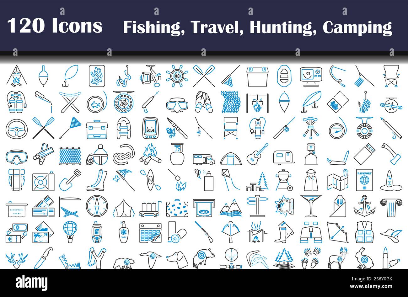 120 Icons Of Fishing, Travel, Hunting, Camping. Editable Bold Outline ...