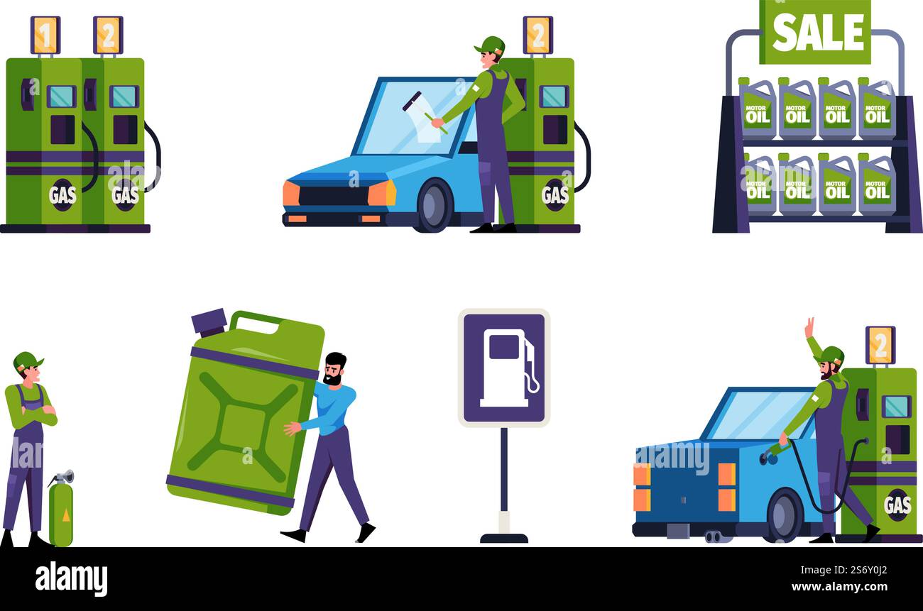 Gas station workers. Refuel service pumps engine petrol station garish ...