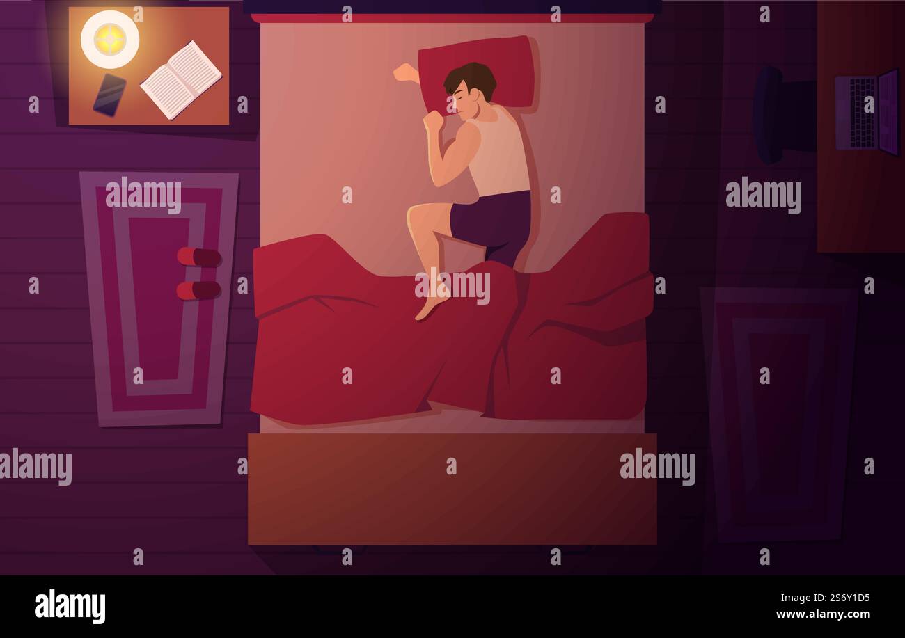 Sleeping top view. Tired characters relaxing on sofa modern bedroom ...