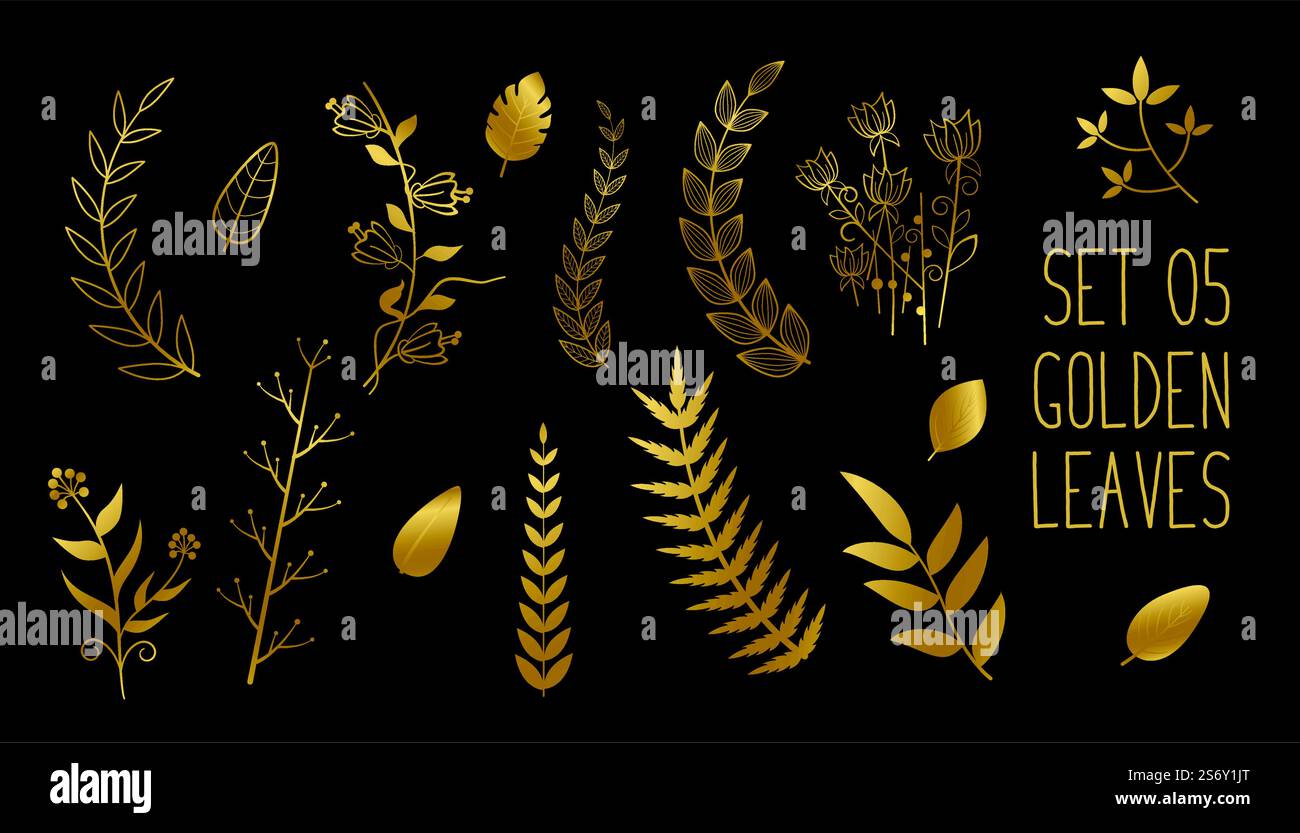 set of golden decorative leaves design Stock Vector Image & Art - Alamy