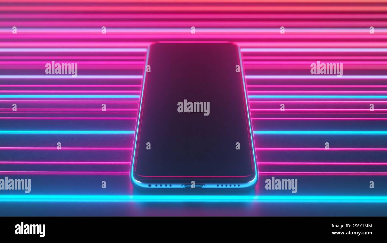 Futuristic smartphone casting neon light trails on a vibrant,dynamic ...