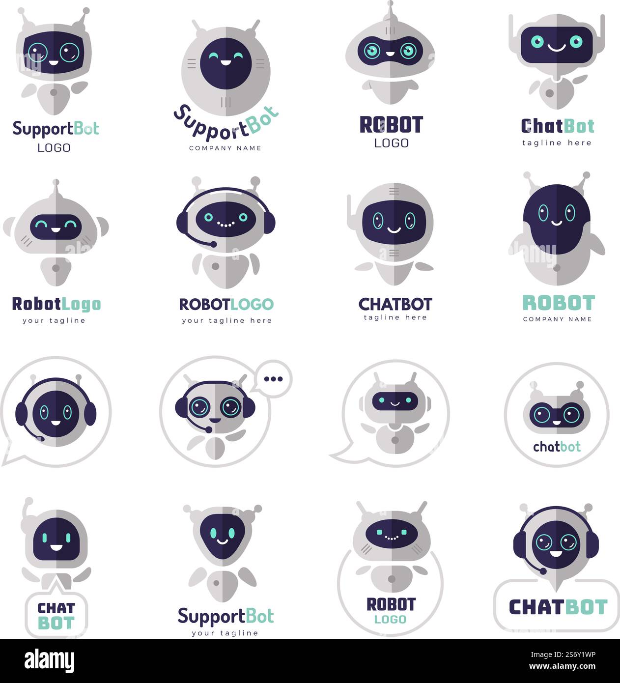 Chatbot logo. Virtual future electronic cyborg characters android faces ...