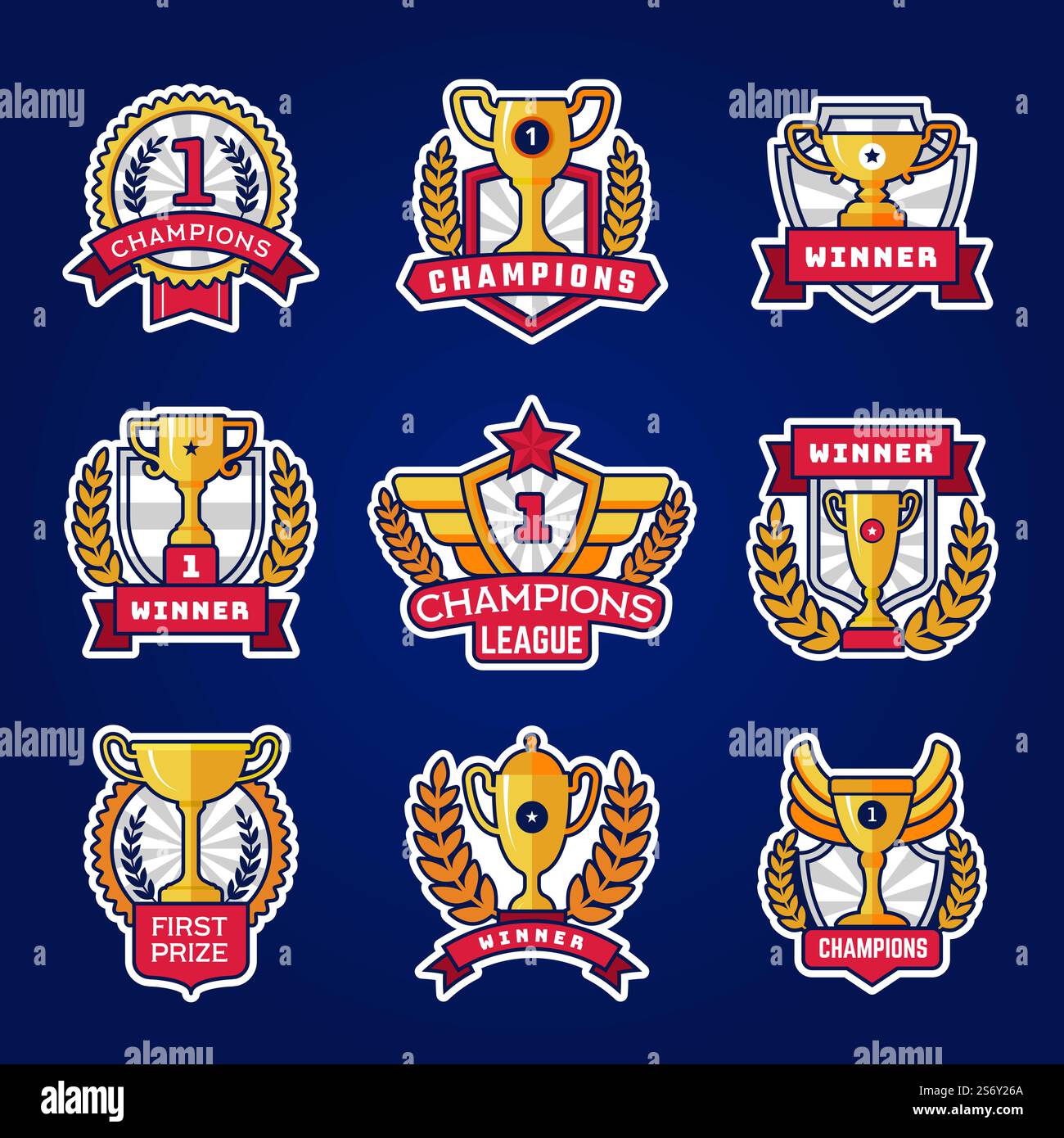 Champion emblem. Sport event team logos with trophy cup recent vector ...