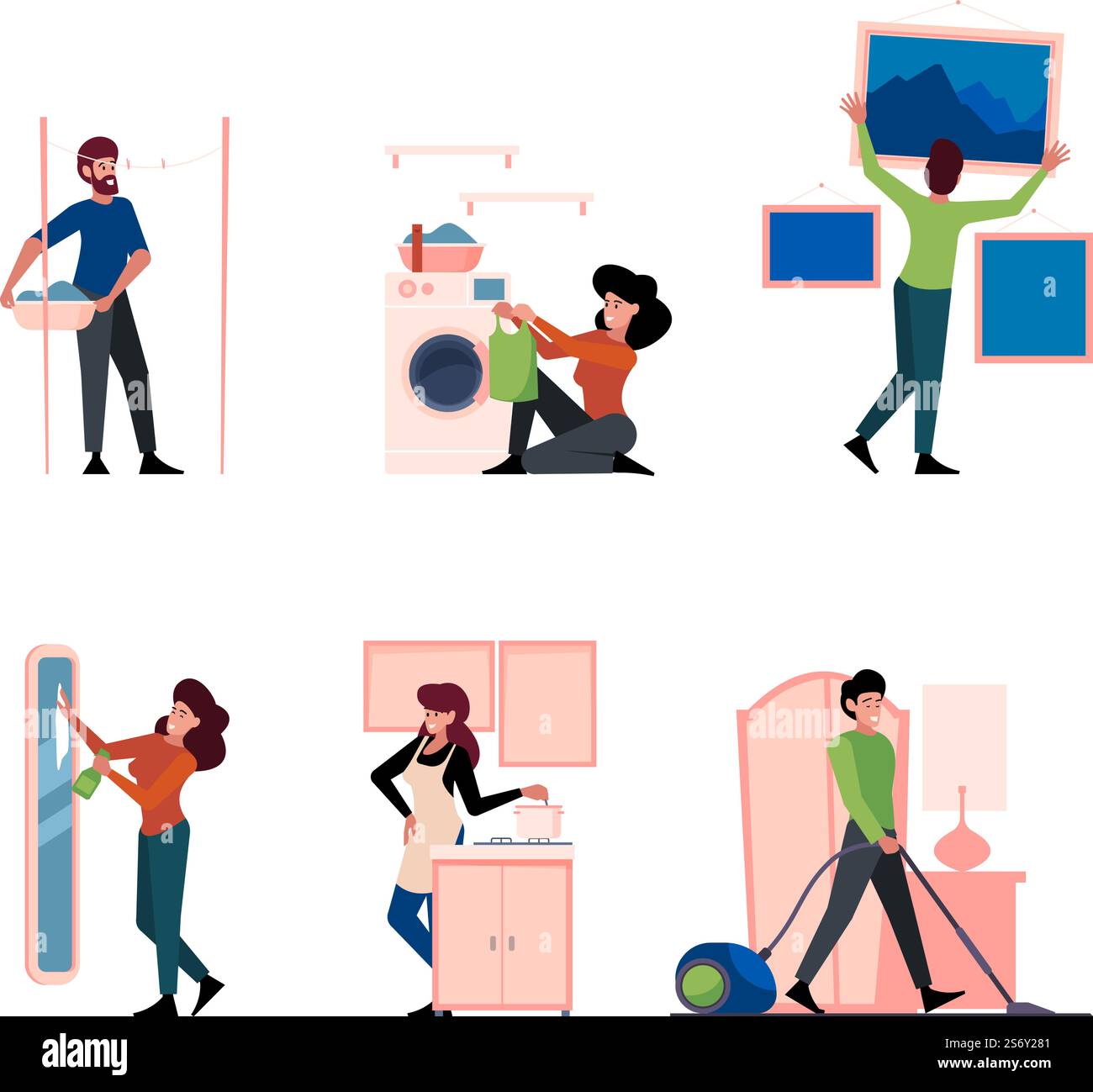 Family housework. Domestic housewife cleaning processes with family ...