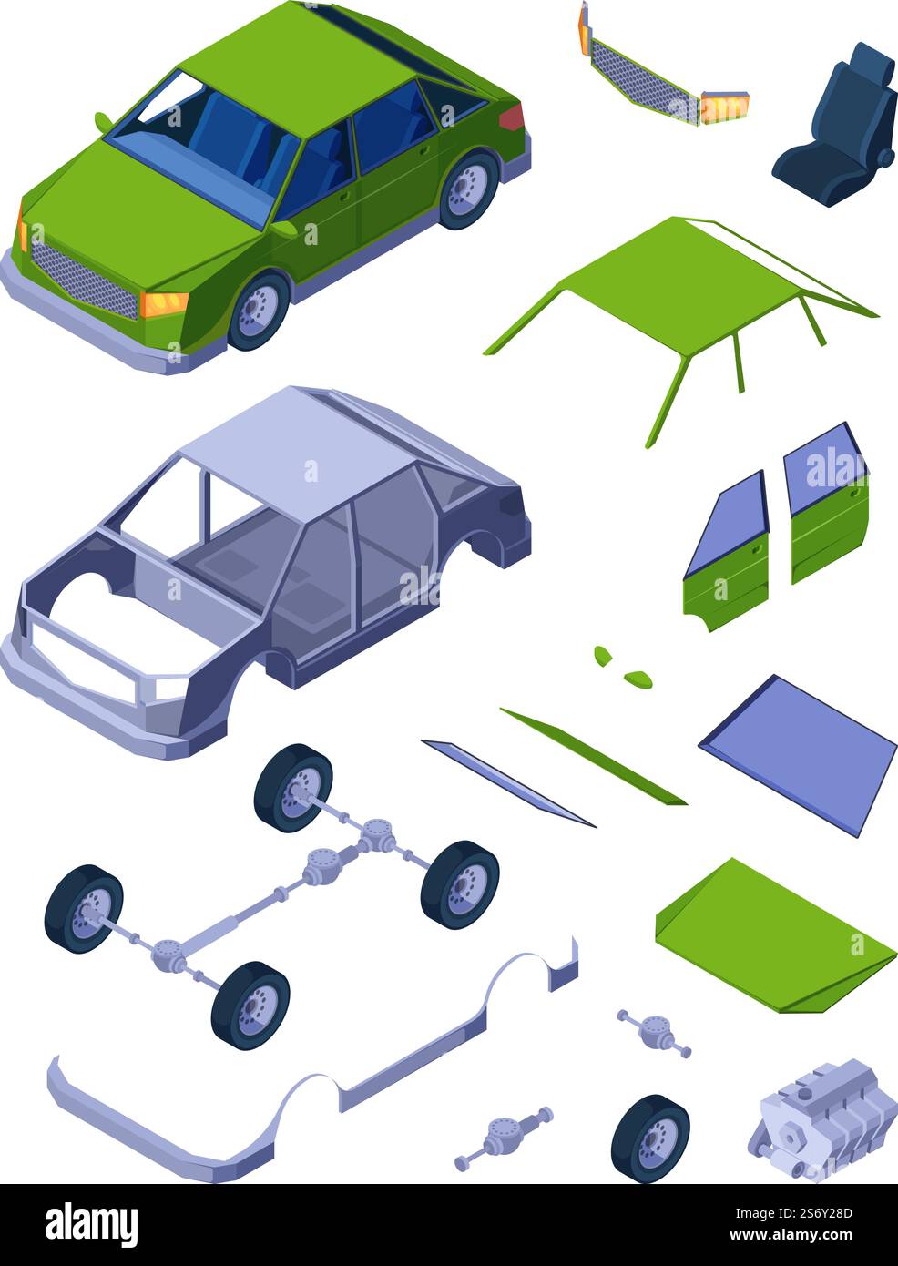 Isometric car parts. Auto service detailed tools mechanical parts ...