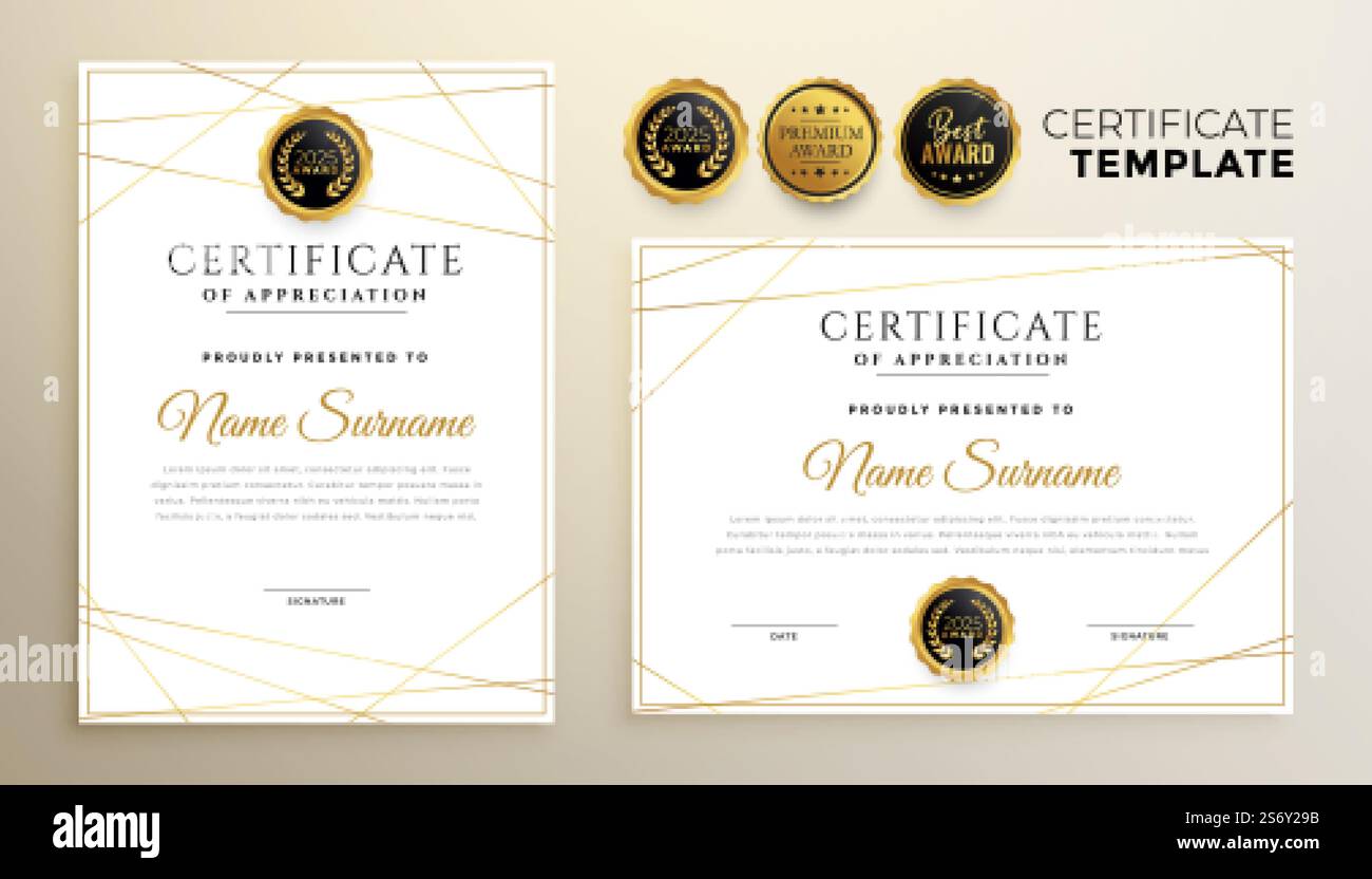 stylish white certificate template with golden lines design Stock ...