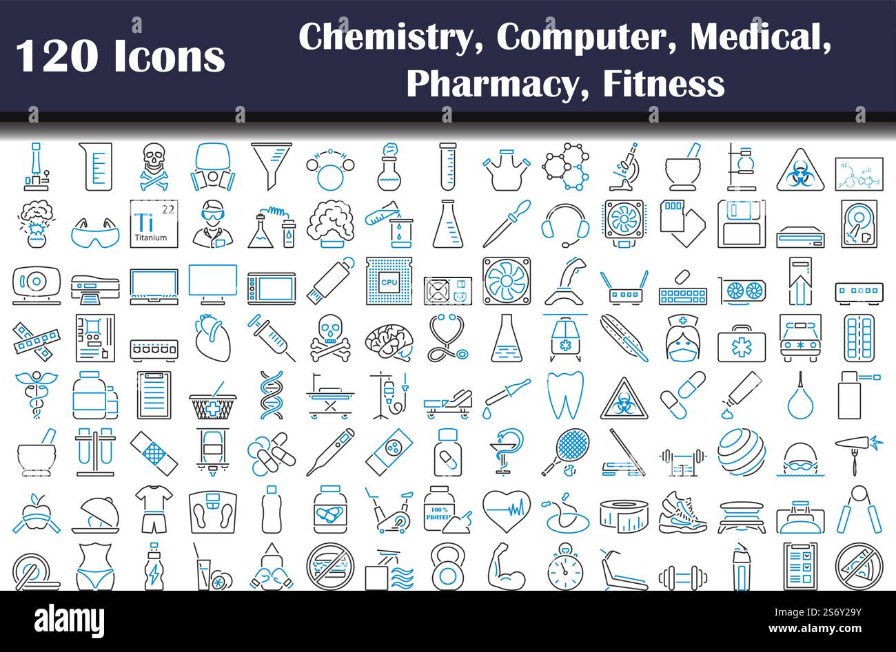 120 Icons Of Chemistry, Computer, Medical, Pharmacy, Fitness. Editable ...