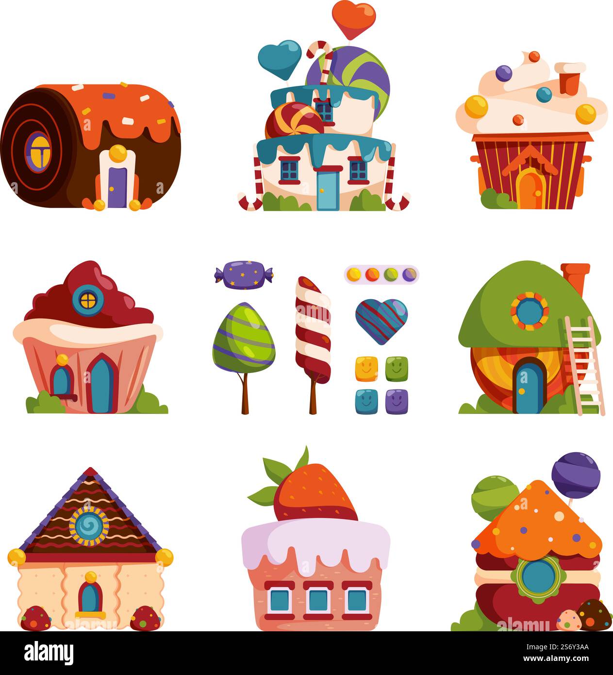 Fantasy sweet houses. Fairy tale decorated buildings with cookies and ...