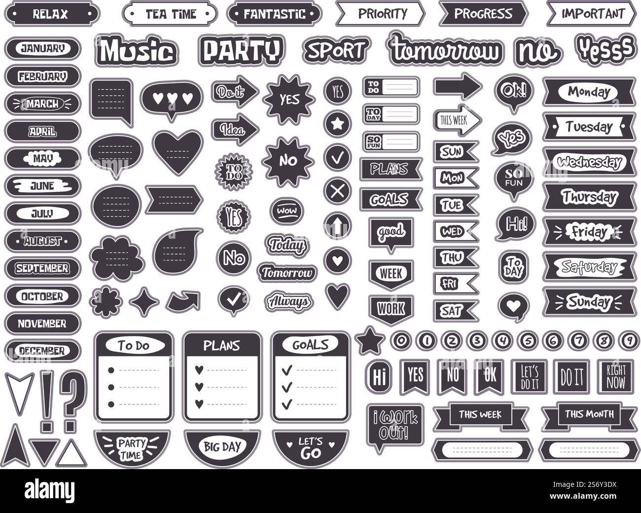 Daily notes. Black templates of diary sticky symbols for business ...