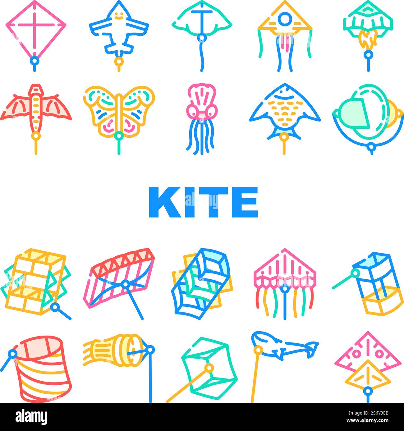 Flying Kite Children Funny Toy Icons Set Vector. Flying Kite In ...