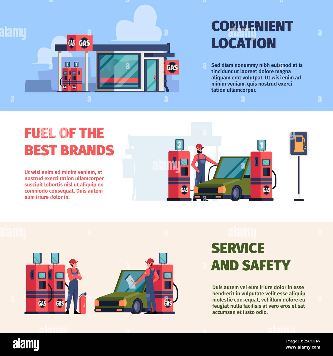 Gas station banners. Professional workers refuelling different cars oil ...