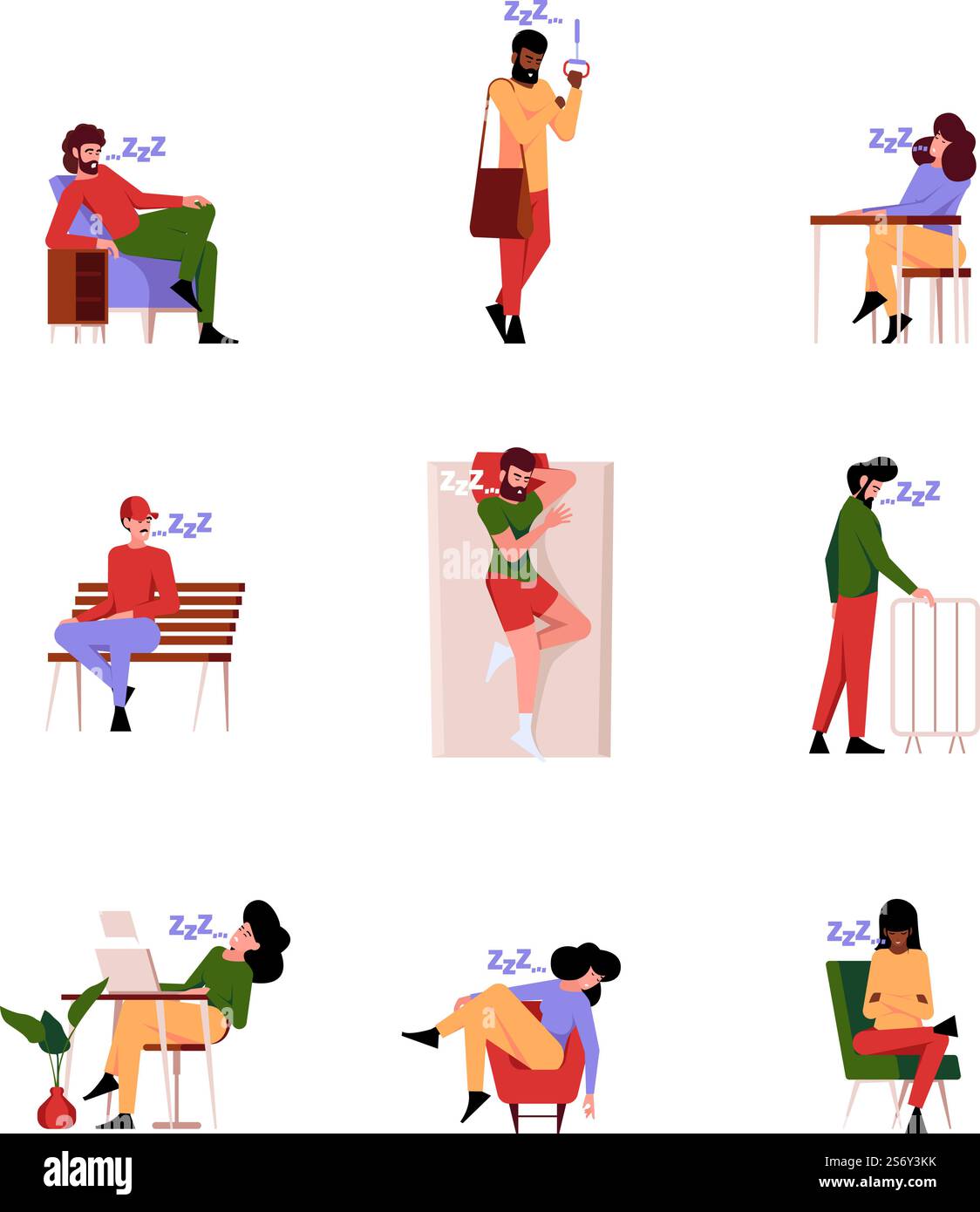 Sleeping characters. Lazy tired people in various poses on sofa on ...