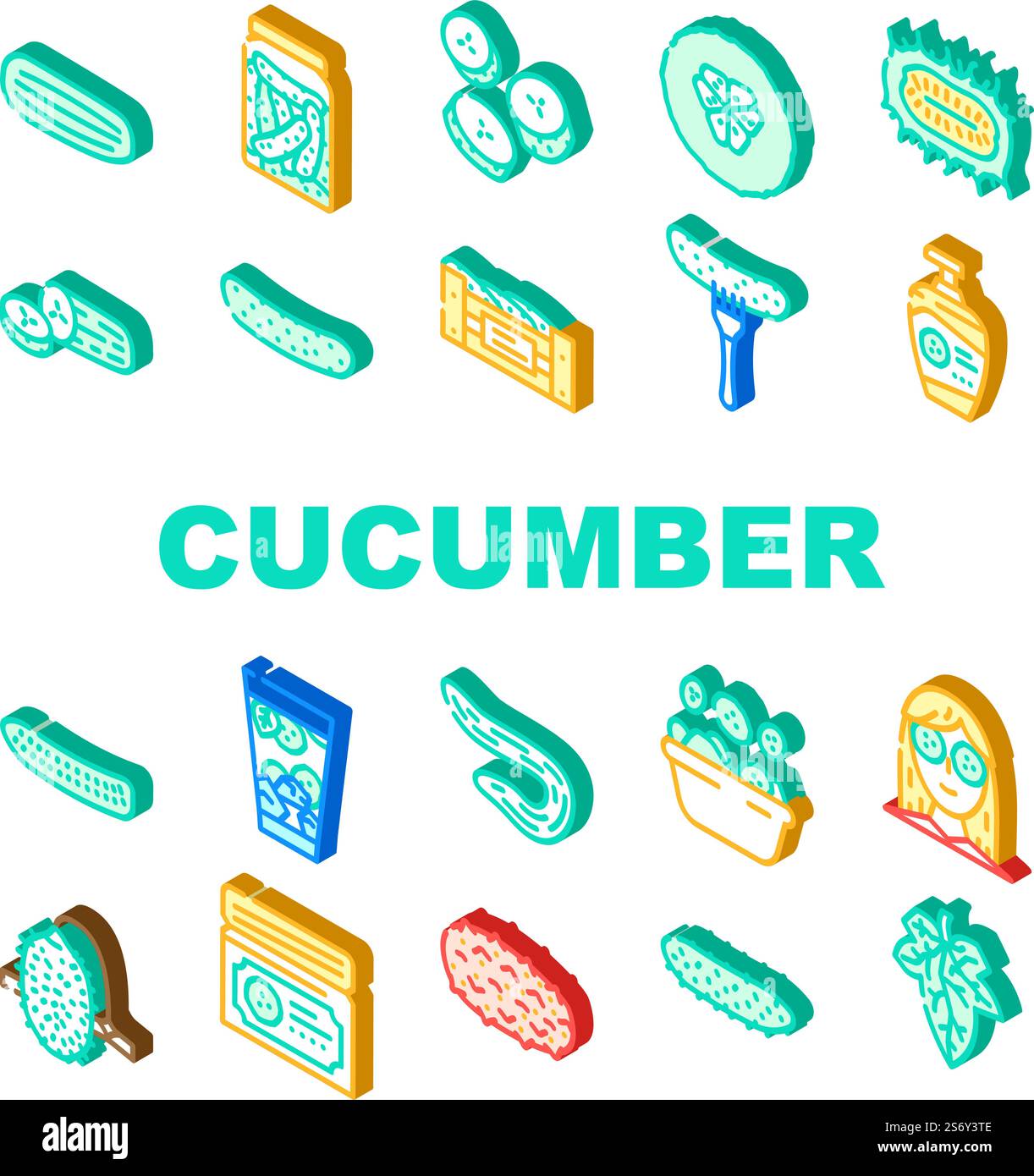 cucumber slice vegetable green icons set vector. white fresh salad, cut ...