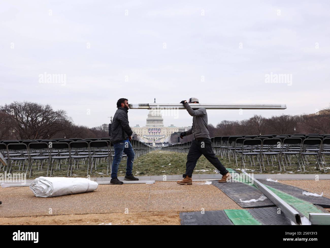President Trump inauguration preparations in Washington DC, USA Workers ...