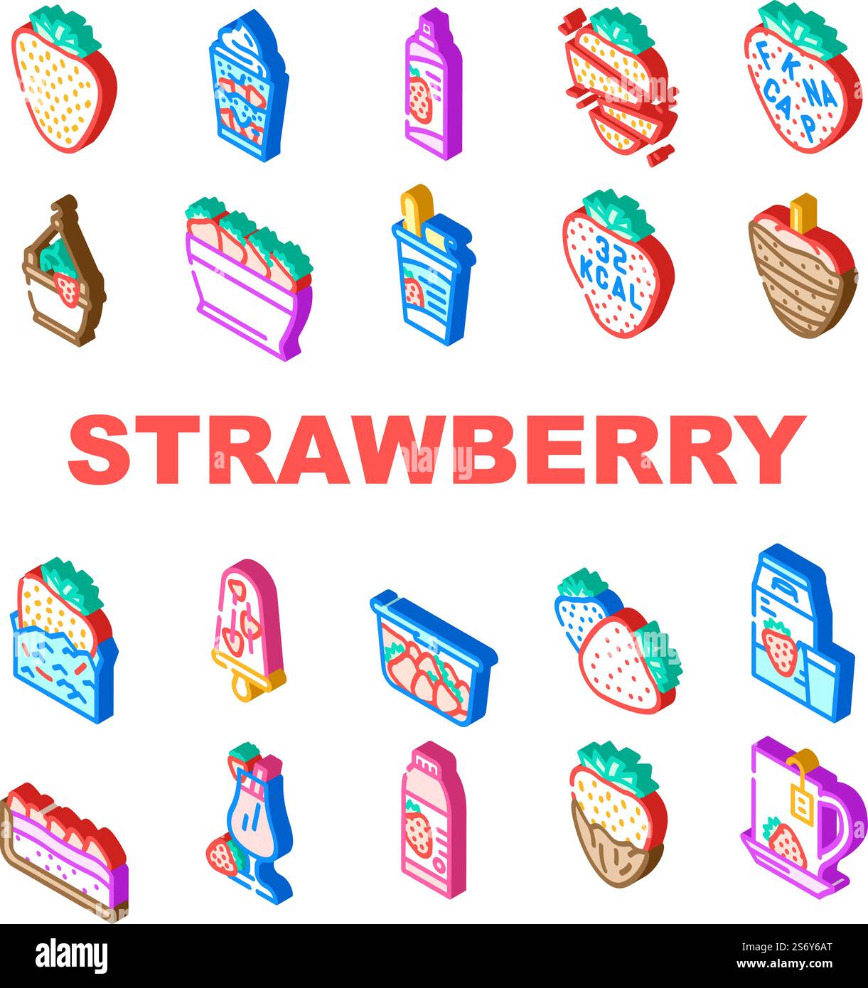 strawberry fruit fresh red berry icons set vector. food white, half cut ...