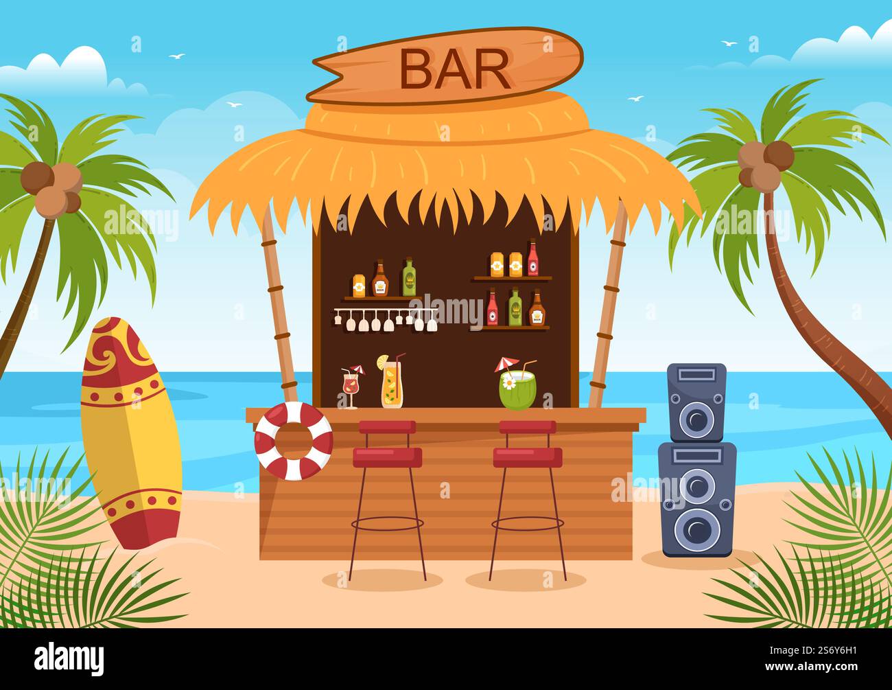 Tropical Bar or Pub in Beach with Alcohol Drinks Bottles, Bartender ...