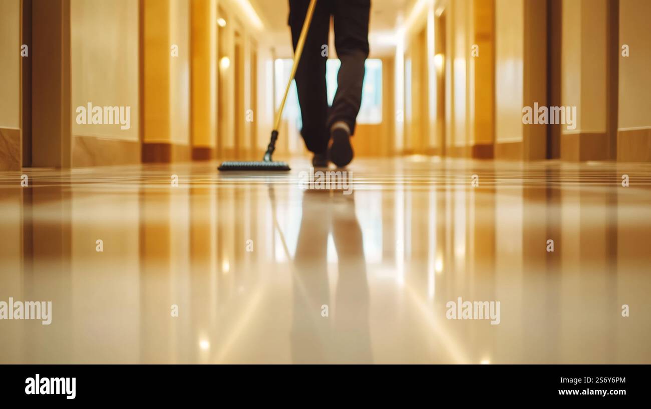 Professional cleaning team mopping and scrubbing the shiny tile floor ...