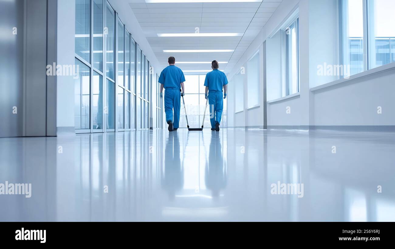 Professional Janitor in Uniform Vacuuming the Floor in a Modern,Empty ...