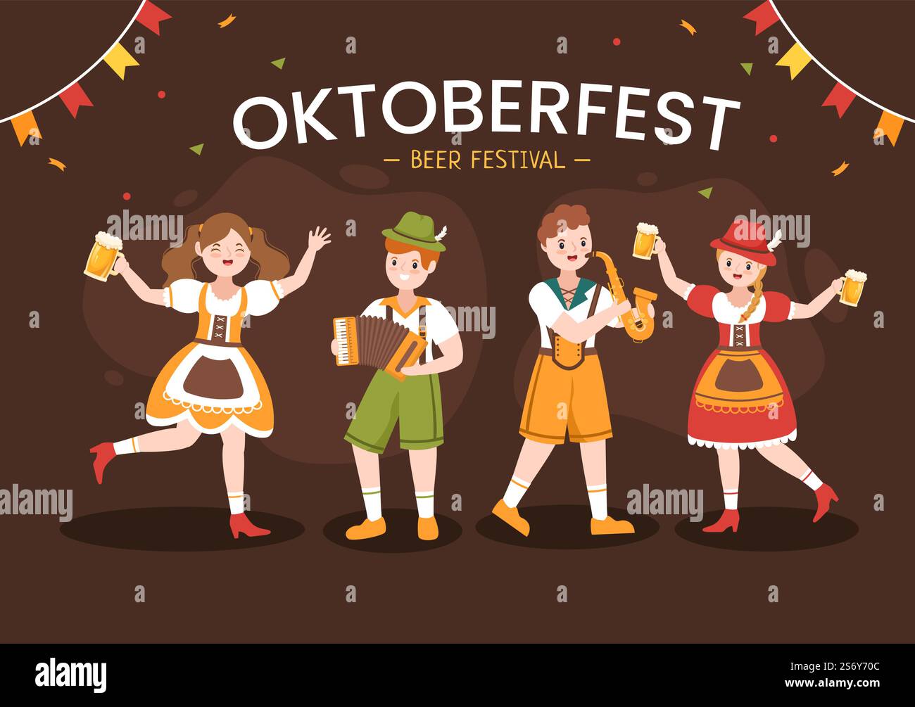 Oktoberfest Festival Cartoon Illustration with Bavarian Costume Holding ...