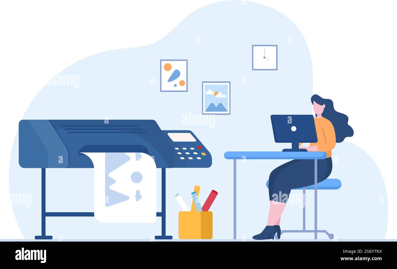 Print Shop Illustration with Production Process at Printing House and ...