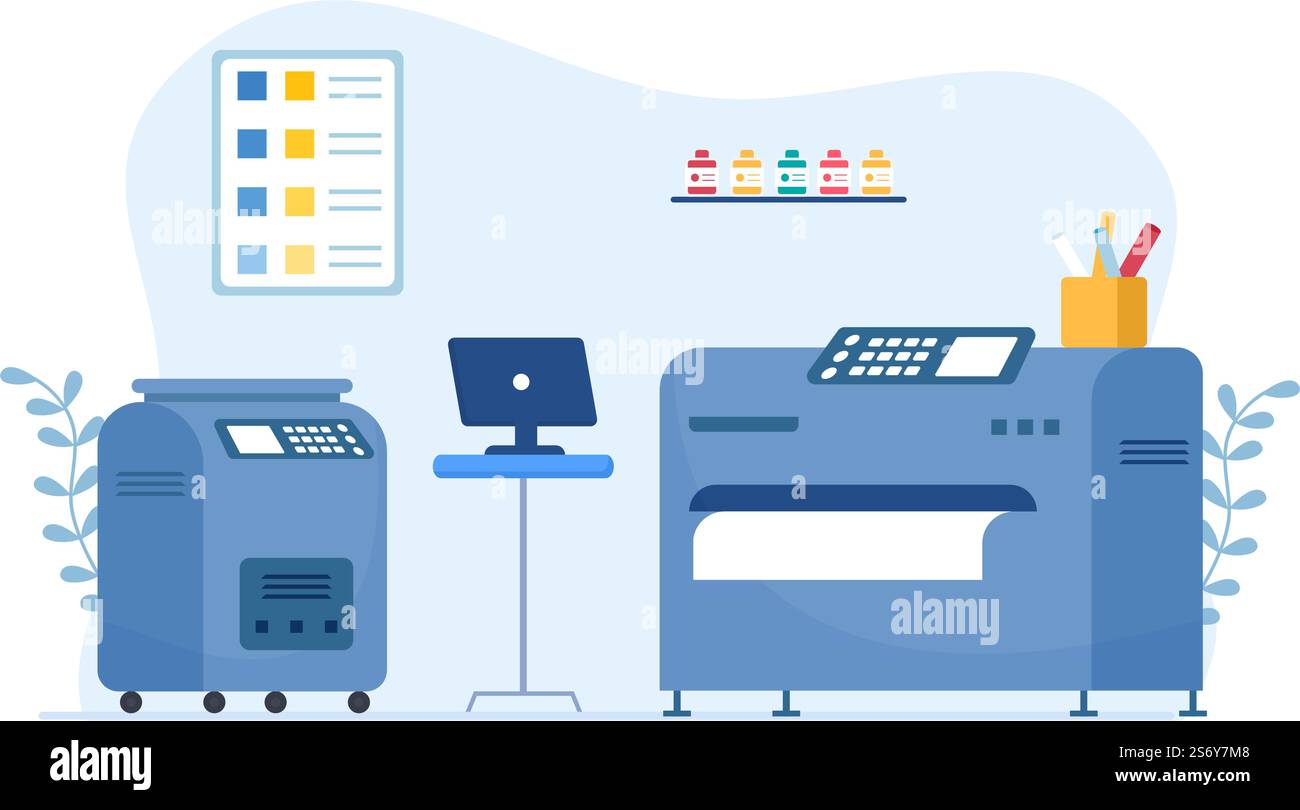 Print Shop Illustration with Production Process at Printing House and Machines for Operating big ...