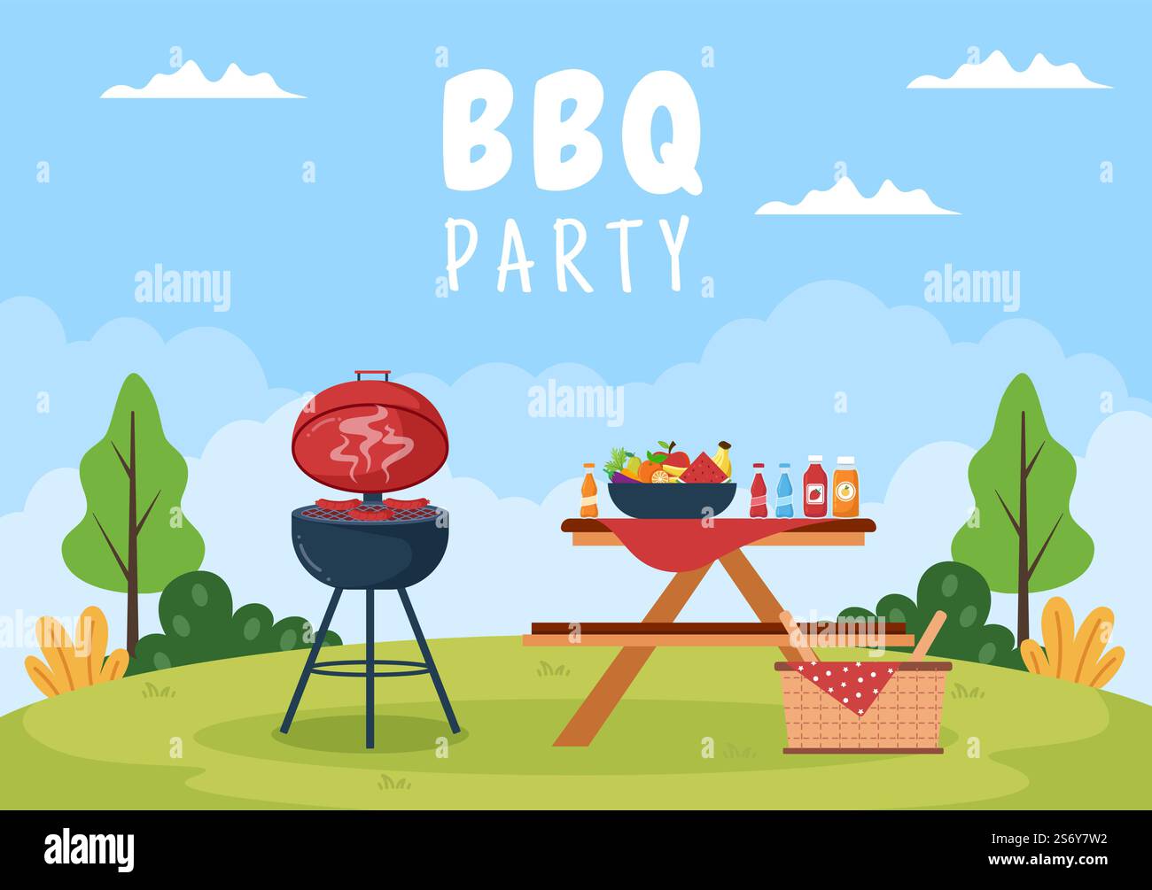 BBQ or Barbecue with Steaks on Grill, Toaster, Plates, Sausage, Chicken ...