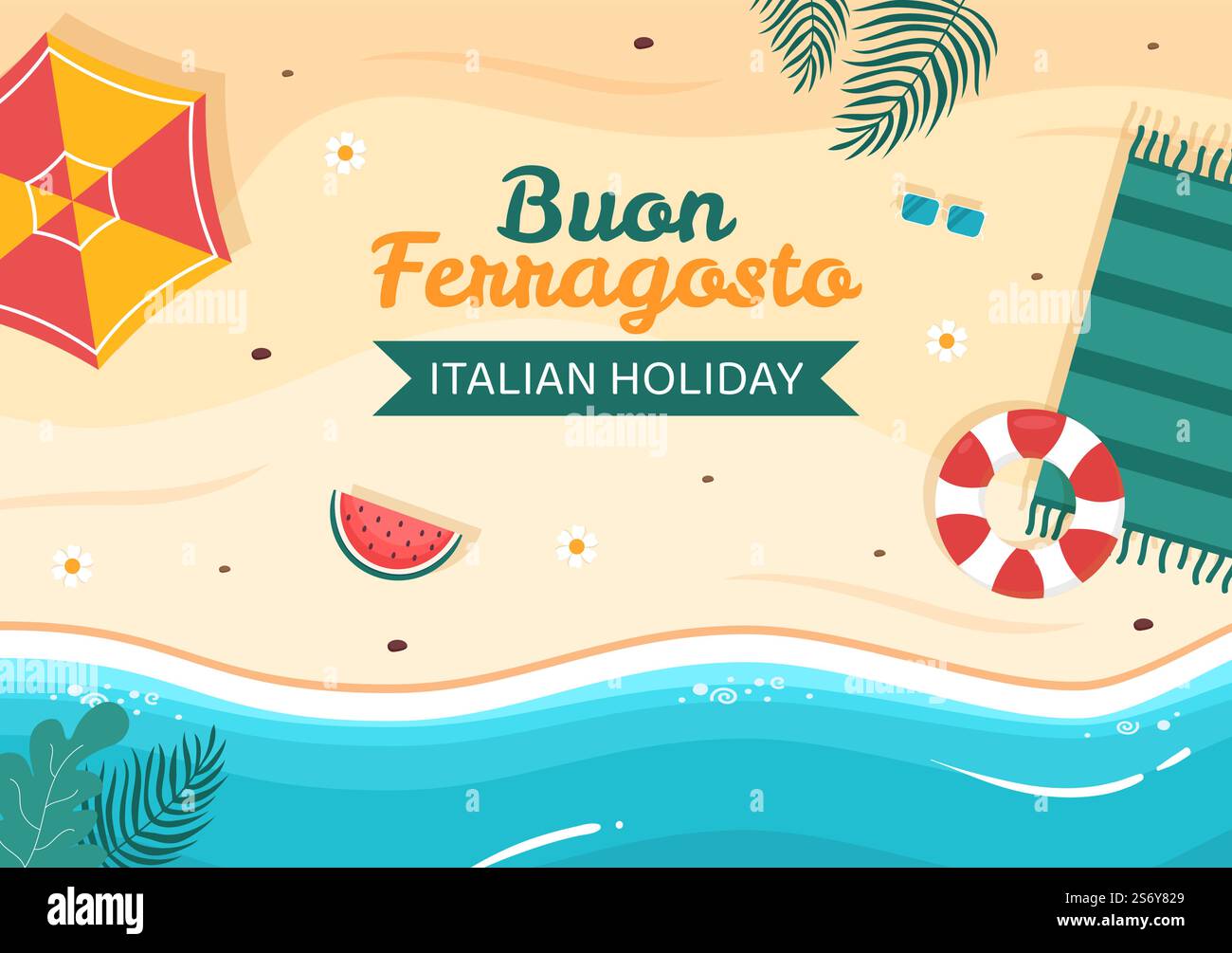 Buon Ferragosto Template Flat Cartoon Background Vector Illustration ...