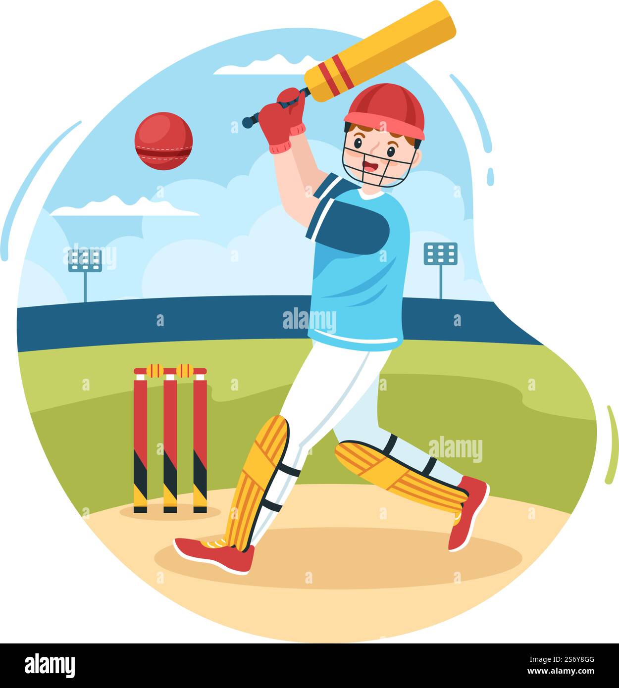 Batsman Playing Cricket Sports with Ball and Stick in Flat Cartoon ...