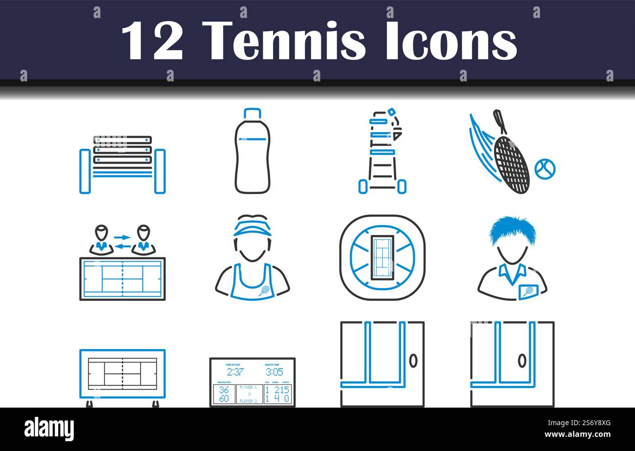 Tennis Icon Set. Editable Bold Outline With Color Fill Design. Vector ...