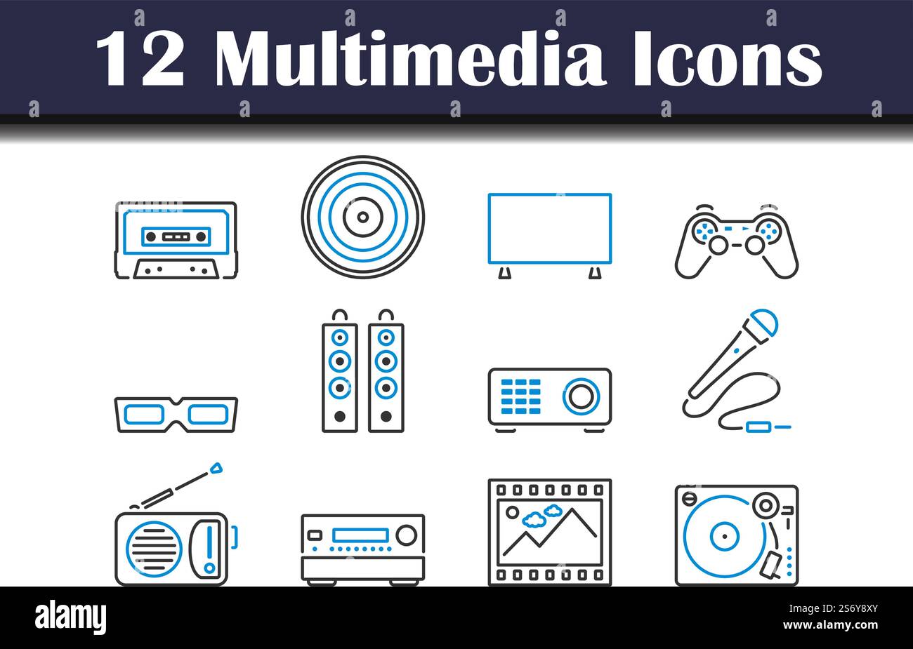 Multimedia Icon Set. Editable Bold Outline With Color Fill Design ...