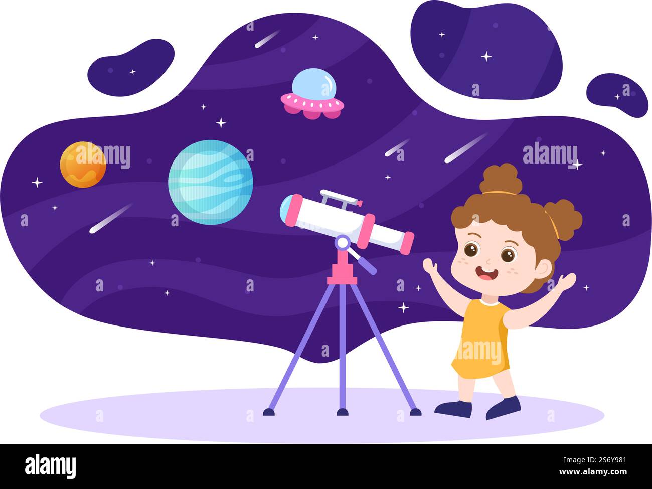 Astronomy Cartoon Illustration with Cute Kids Watching Night Starry Sky ...