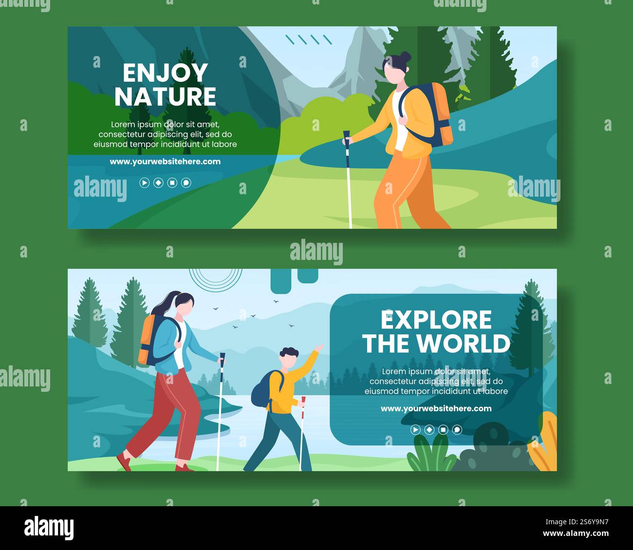 Hiking Mountain Horizontal Banner Template Flat Cartoon Background ...