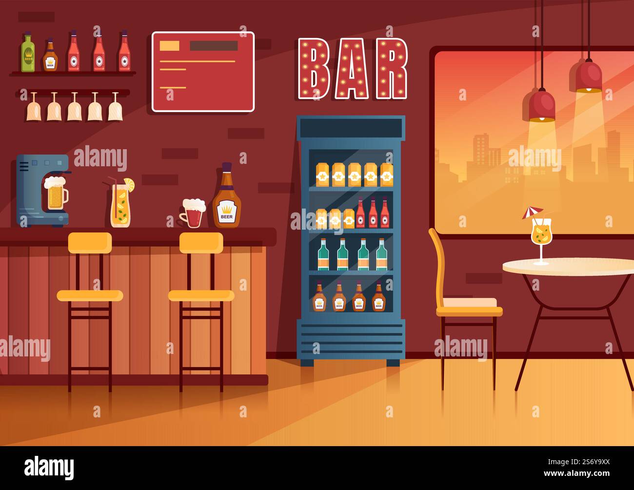 Bar or Pub at Evening with Alcohol Drinks Bottles, Bartender, Table ...