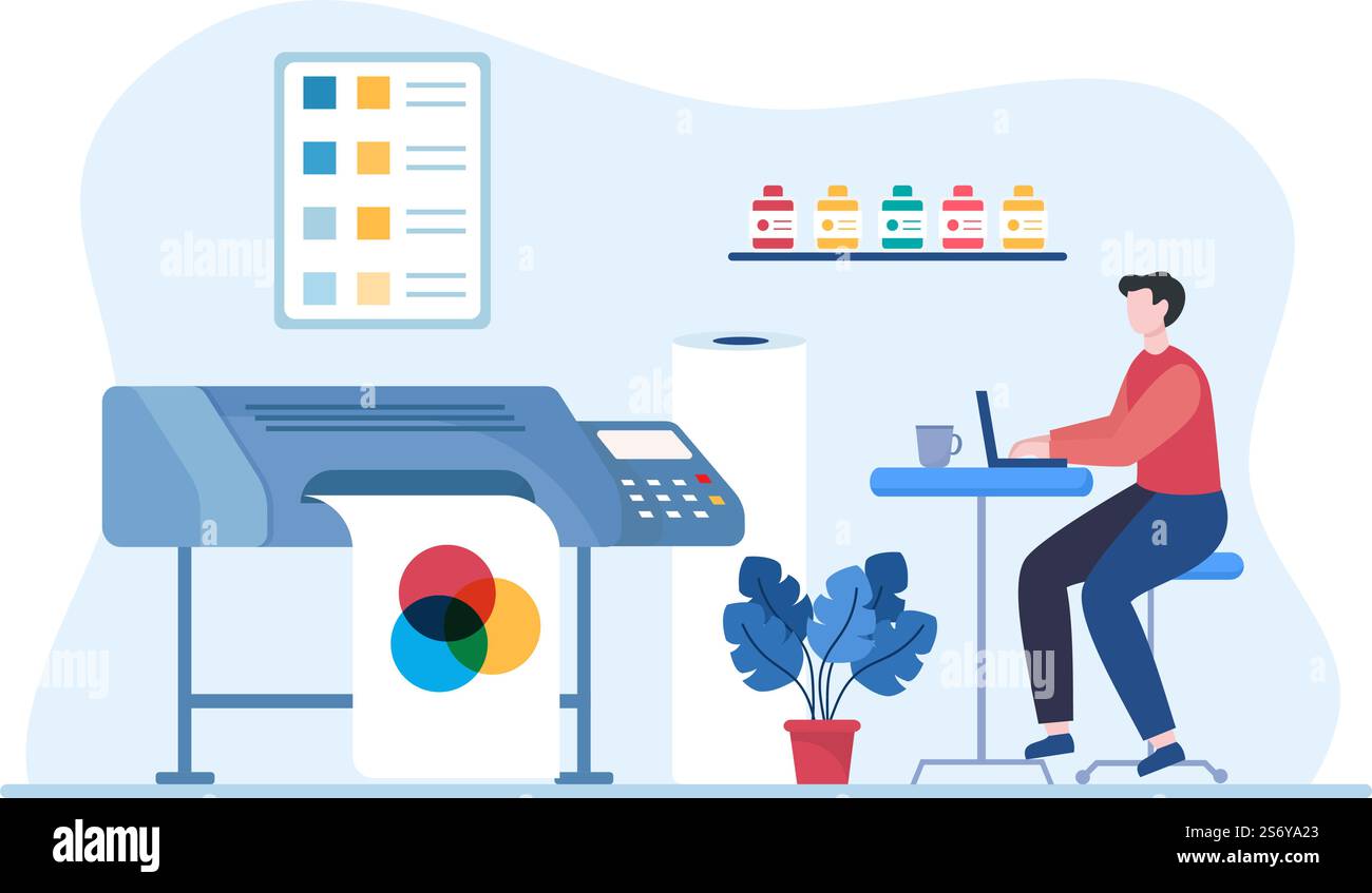 Print Shop Illustration with Production Process at Printing House and ...