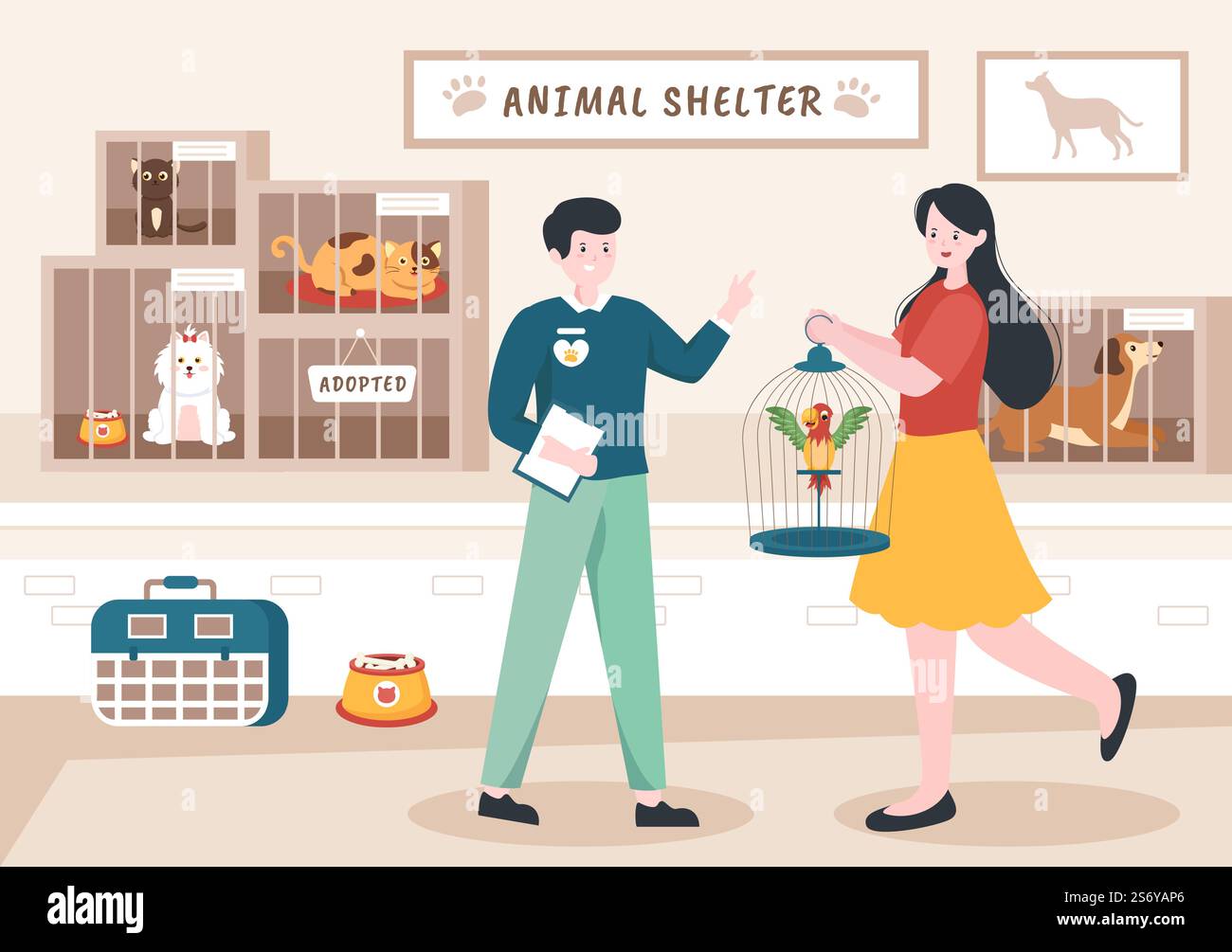 Animal Shelter Cartoon Illustration with Pets Sitting in Cages and ...