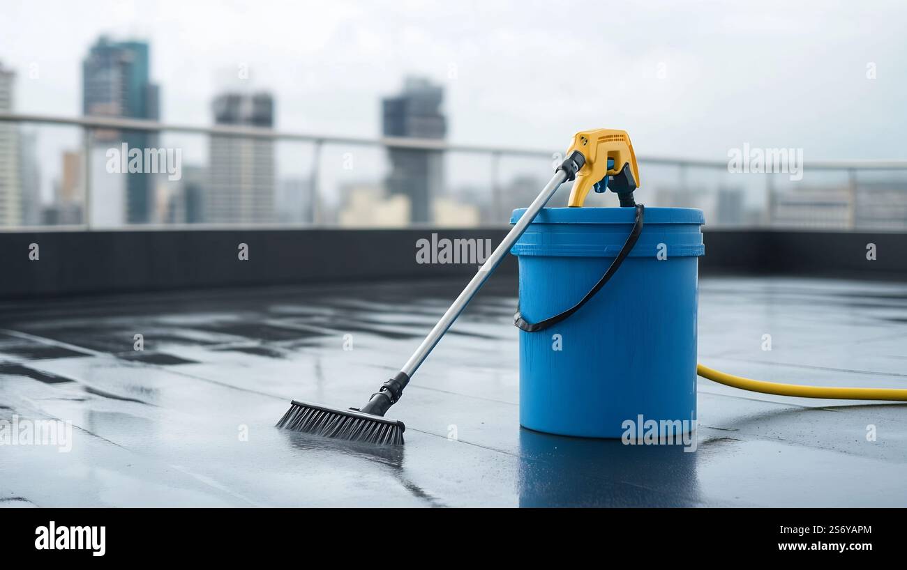 Window cleaning equipment,including a blue bucket,yellow squeegee,and ...