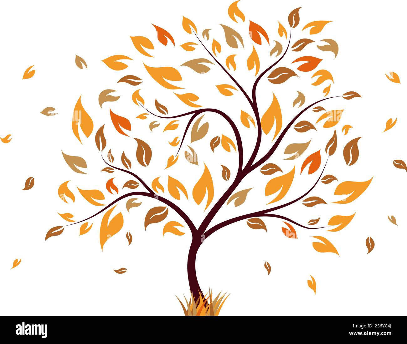Autumn Maple Tree With Falling Leaves on White Background. Elegant ...