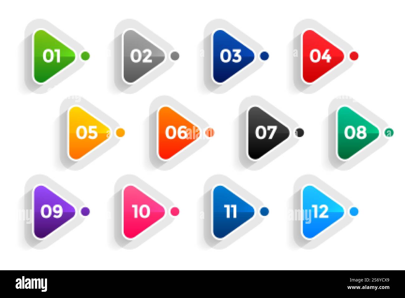 triangle directional bullet points numbers from one to twelve Stock ...